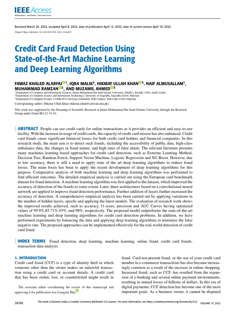Credit Card Fraud Detection Using State-Of-The-Art Machine Learning and Deep Learning Algorithms ...