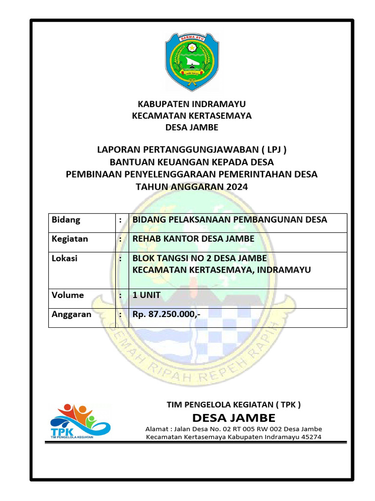Cover Sekat LPJ Rehab Kantor Desa Jambe Banprov 2024 | PDF