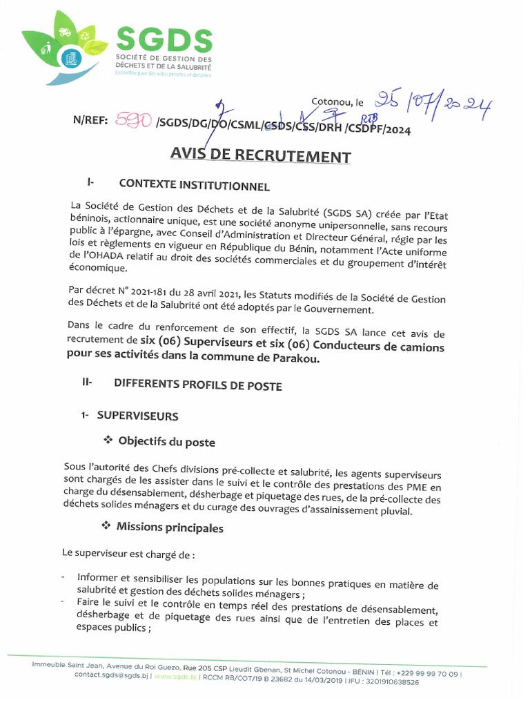 Avis de Recrutement N°590 Portant Recrutement de 06 Superviseurs Et 06 Conducteurs de Camions ...