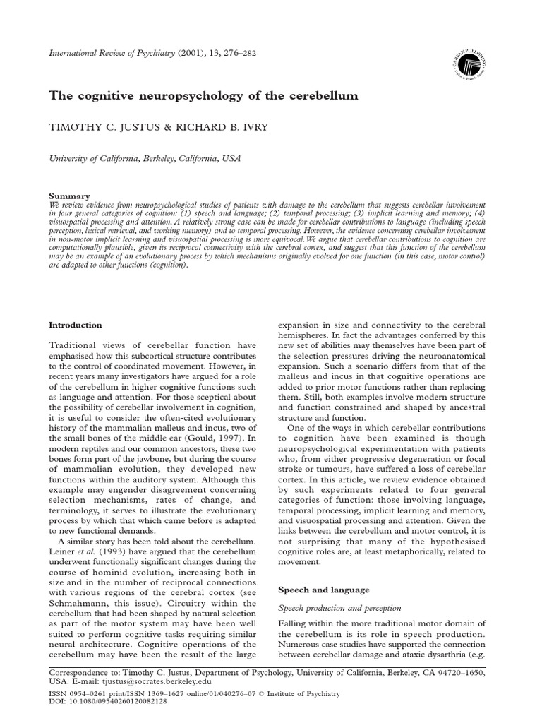 The Cognitive Neuropsychology of The Cerebellum: Timothy C. Justus ...