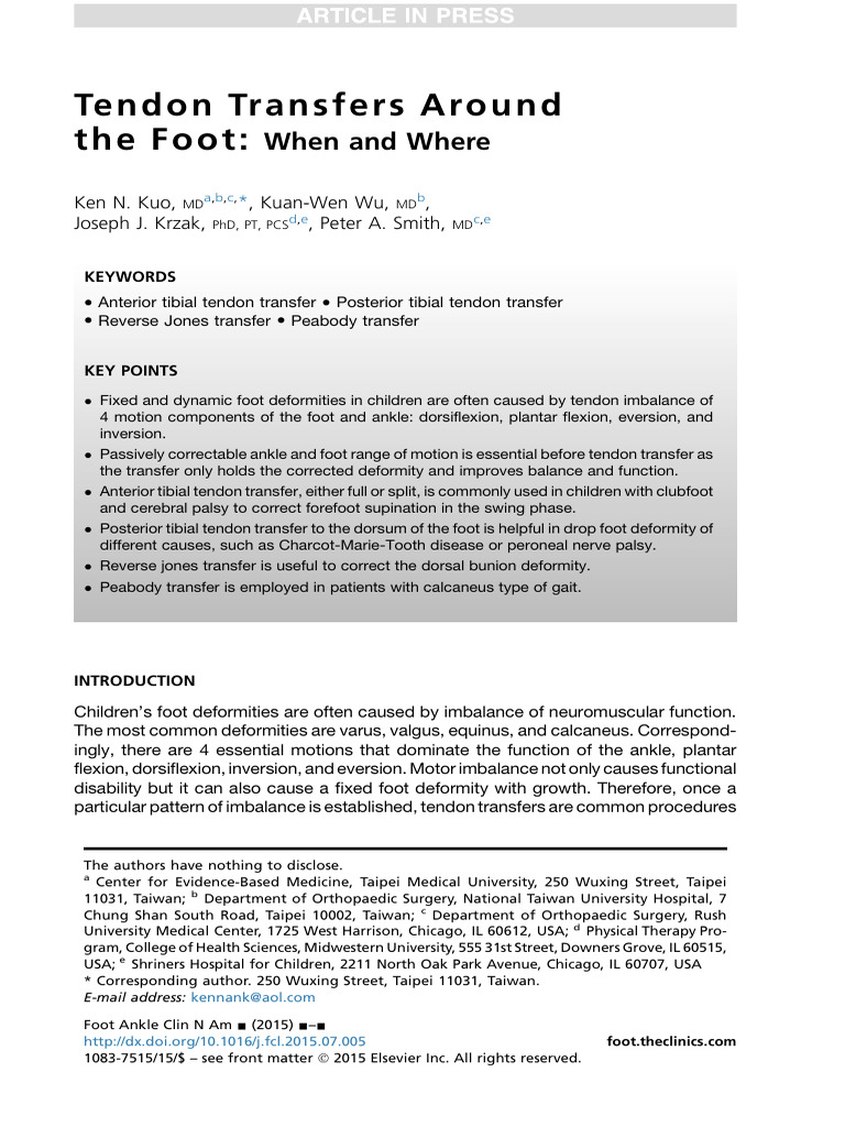 Tendon Transfers Around The Foot: When and Where | PDF | Foot | Ankle