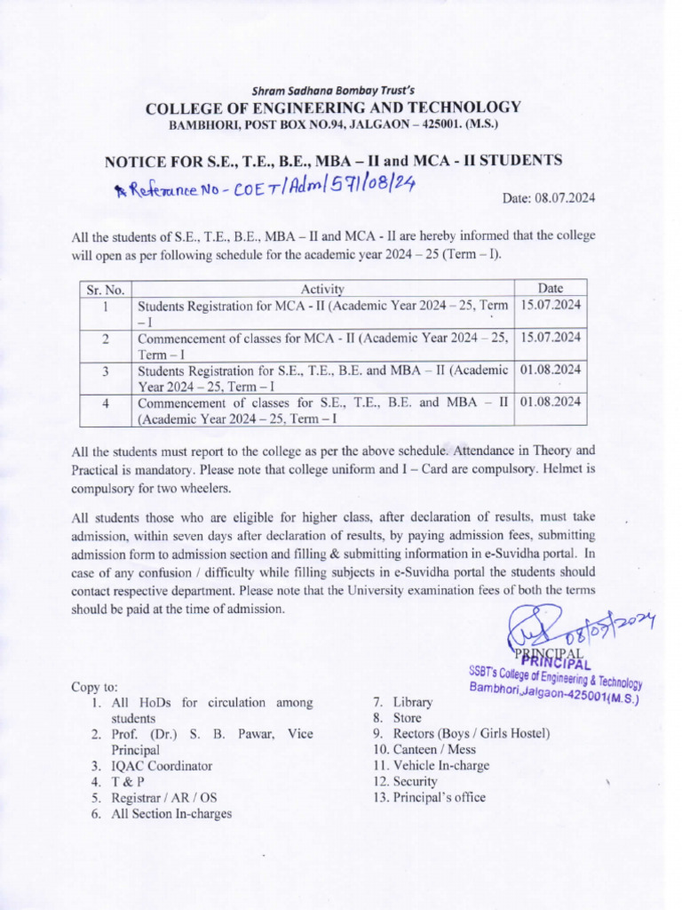 Academic Schedule 2024-25 SE - TE - BE - MBA-II - MCA-II For Term-I | PDF