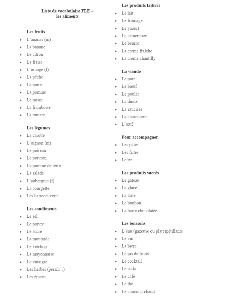 Vocabulaire FLE : Les Aliments | PDF