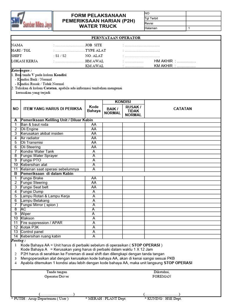 Form P2H Harian Water Truck | PDF