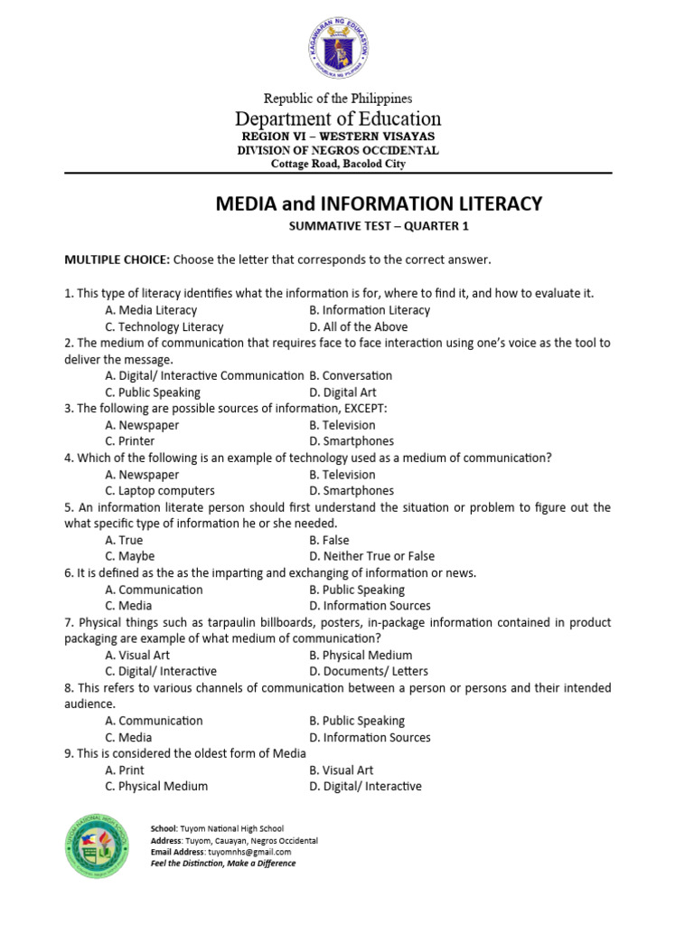 MEDIA AND INFORMATION LITERACY - Quarter 1 - Summative Test | PDF ...
