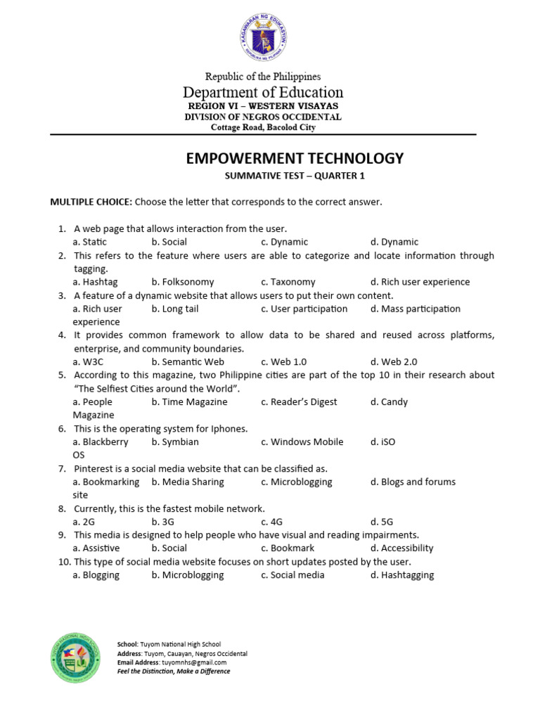 EMPOWERMENT TECHNOLOGY - Quarter 1 - Summative Test | PDF | Websites ...