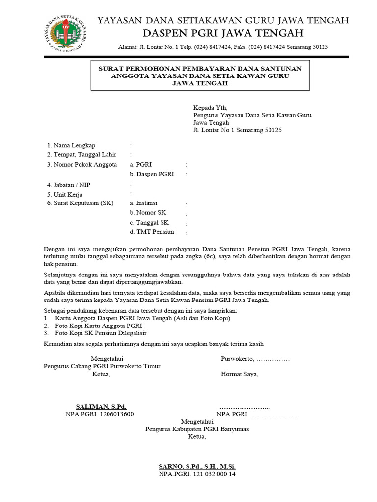 Surat Permohonan Daspen (Form) | PDF