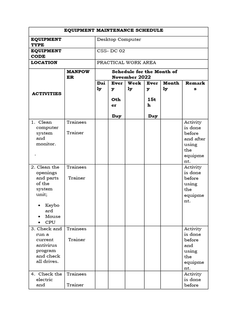 Villacampa Equipment Maintenance Schedule 29 | PDF | Computer Hardware ...