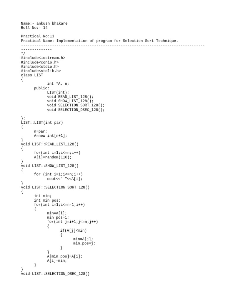 Selection Sort Program in C++ | PDF | Technology & Engineering