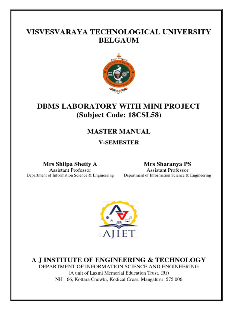 Dbms Lab Manual 18CSL58 | PDF | Databases | Relational Database Dbms Lab Manual 18CSL58 | PDF | Databases | Relational Database