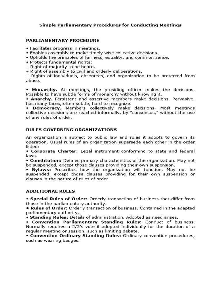 Simple Parliamentary Procedures For Conducting Meetings | PDF ...