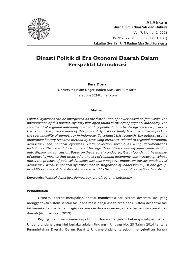 Dinasti Politik Di Era Otonomi Daerah Dalam Perspektif Demokrasi | PDF | Politik