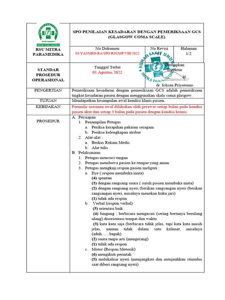 Prosedur GCS untuk Penilaian Kesadaran | PDF
