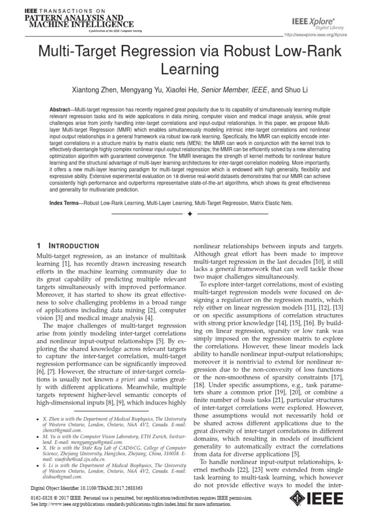Multi-Target Regression Via Robust Low-Rank Learning | PDF | Regression Analysis | Linear Regression