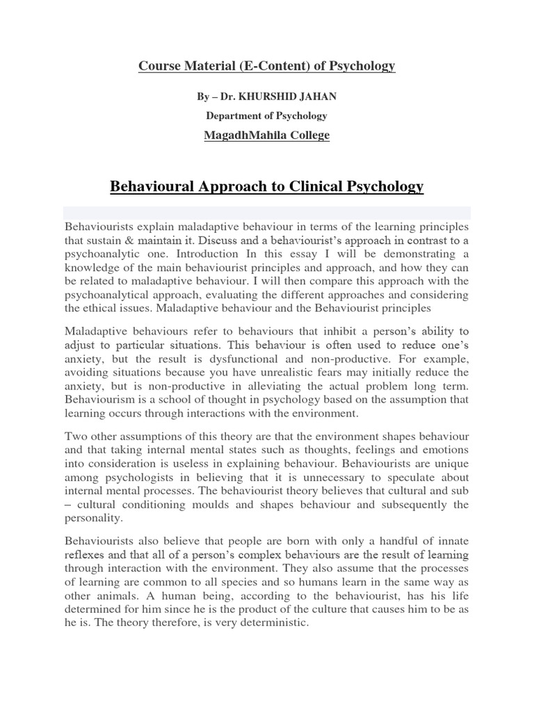 Behavioural Approach | PDF | Behaviorism | Behaviour Therapy