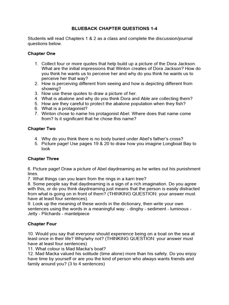 Blueback Questions - Ch.1-4 | PDF | Language Arts & Discipline