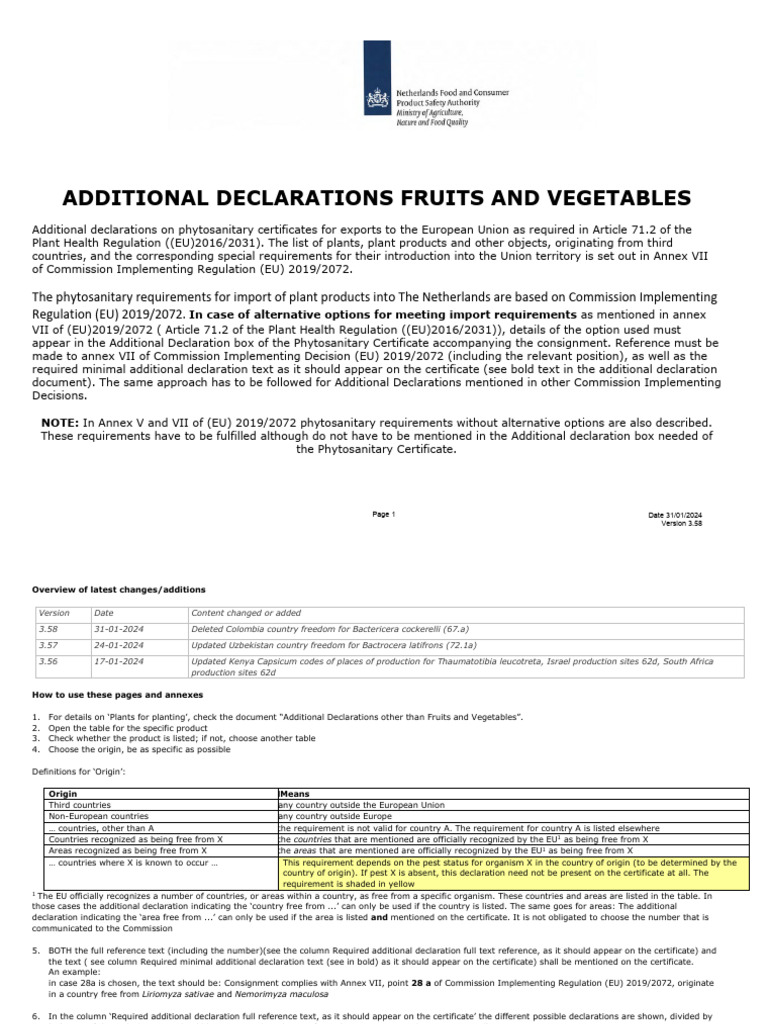 Additional Declaration For Fruits and Vegetables EU | PDF