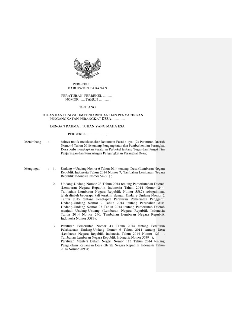 Contoh Peraturan Perbekel TTG Tugas Dan Fungsi Tim Penjaringan | PDF