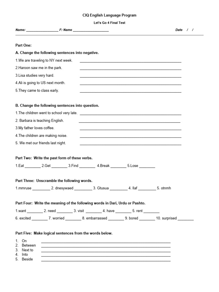 CIQ English Language Program Let's Go 4 Final Test | PDF