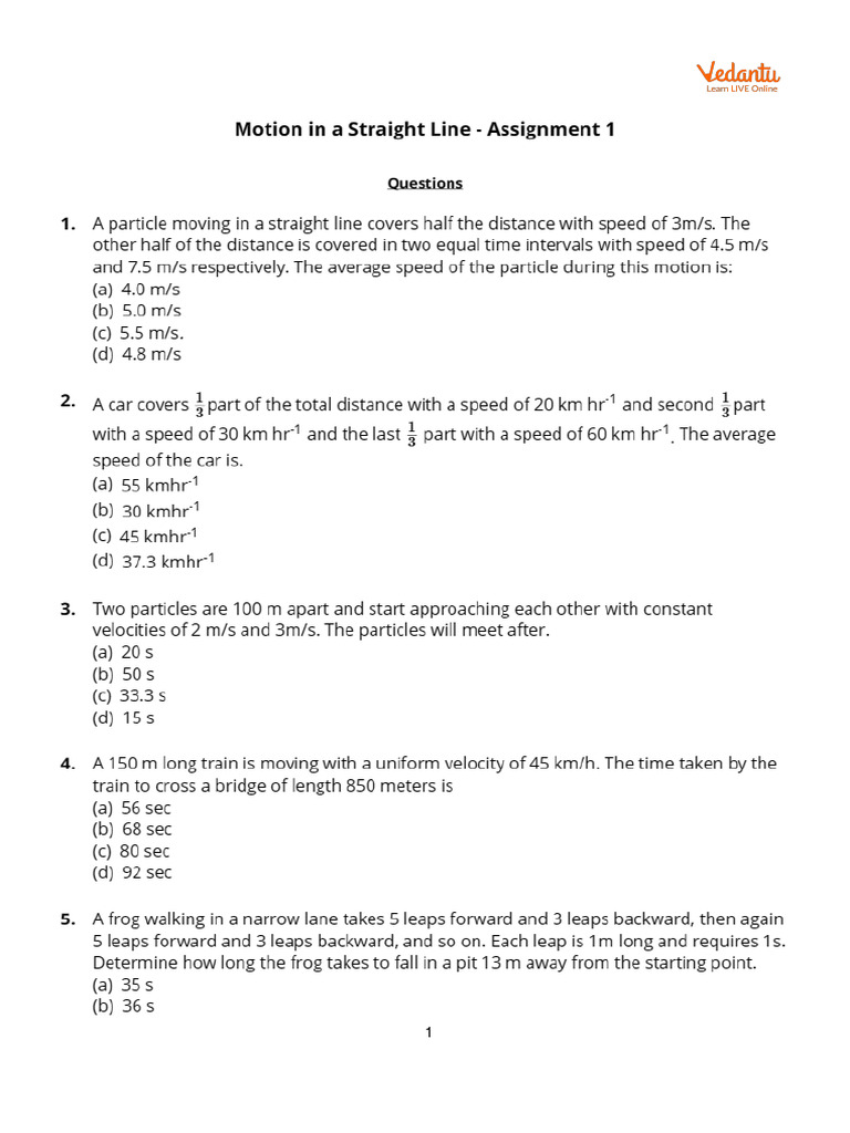 Motion in A Straight Line - Assignment 1 | PDF