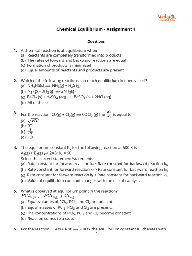 Chemical Equilibrium - Assignment 1 | PDF