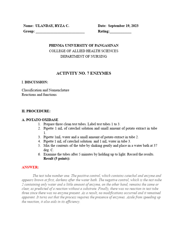 (Bio 024) Lab Activity 7 - Enzymes | PDF | Hydrogen Peroxide | Catalase