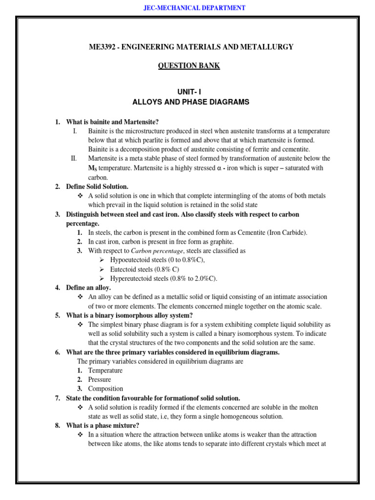 ME3392 Metallurgy Question Bank | PDF | Heat Treating | Steel