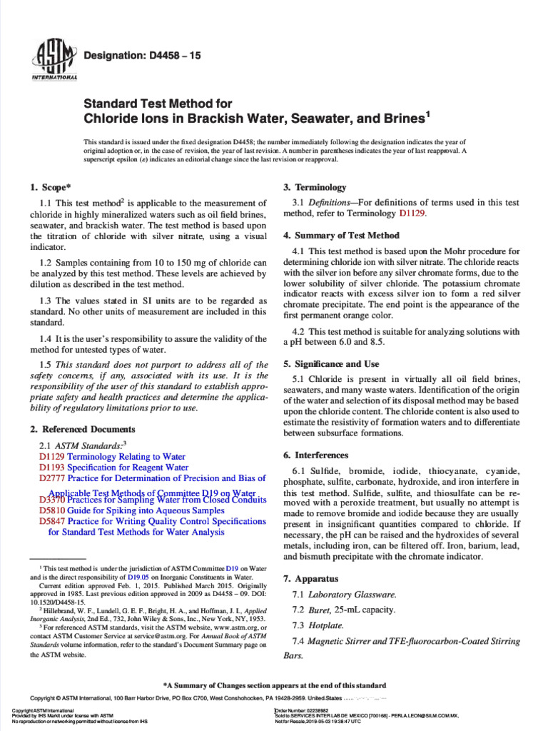 Astm d4458 15 Iones de Cloruro en Agua Congenita | PDF | Nitric Acid ...
