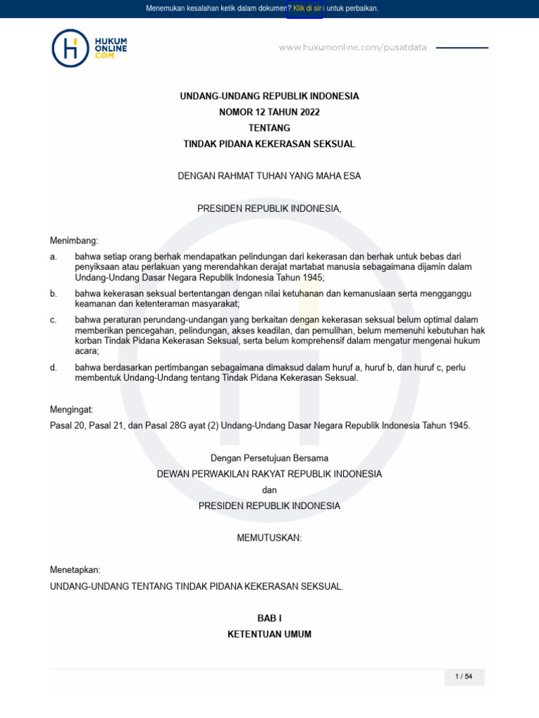 UU Nomor 12 Tahun 2022 - TPKS | PDF