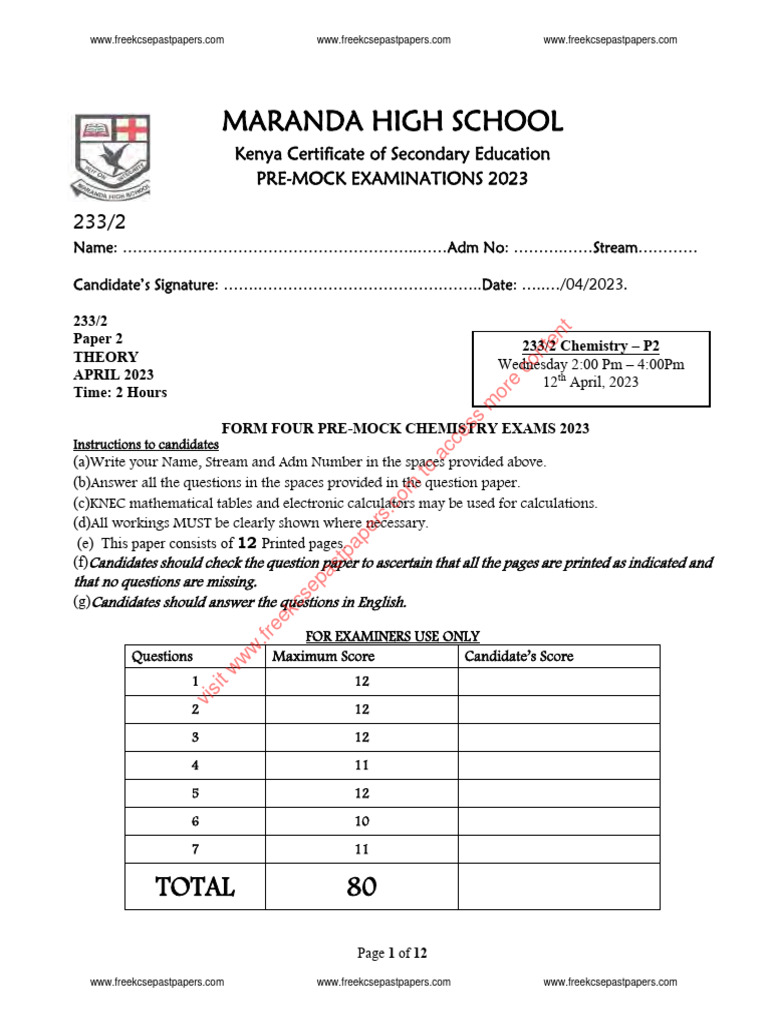 2023 Maranda Pre Mock CHEM PP2 QNS | PDF | Physical Chemistry | Materials
