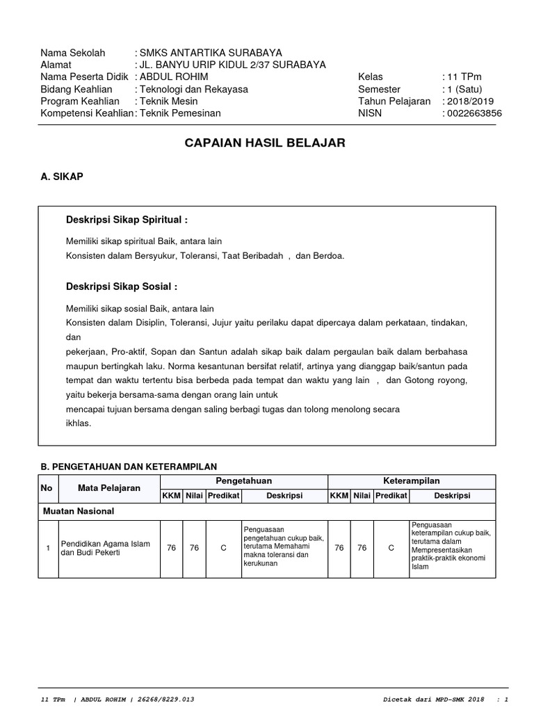 Rapor Abdul Rohim 20181 | PDF