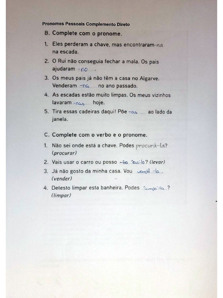 Exercícios Pronomes Pessoais - Complemento Direto (15 Jul 2024 at 00 - 38) | PDF