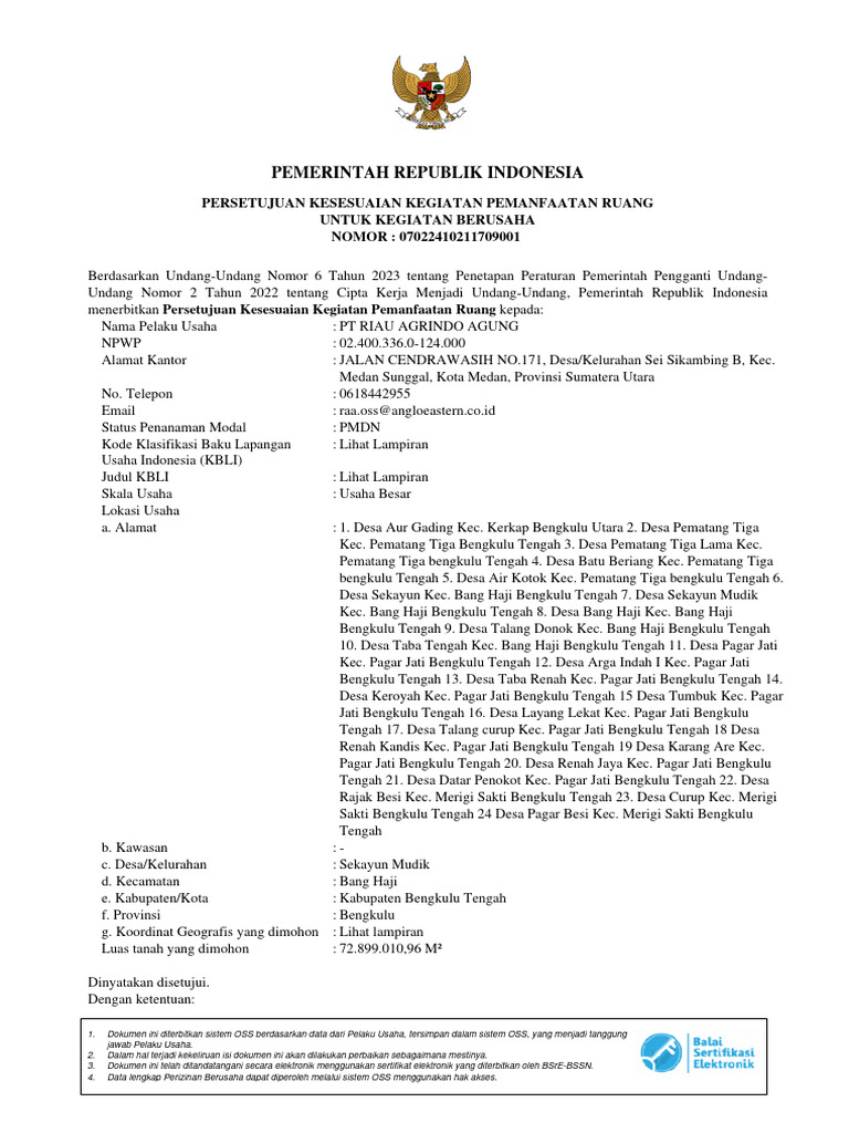 Persetujuan Pemanfaatan Ruang PT Riau Agrindo | PDF