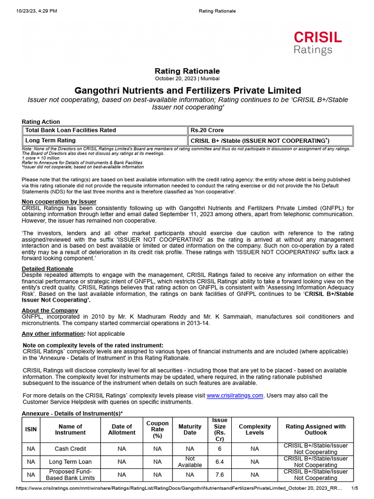 Gangothri Nutrients Rating Update | PDF | Securities (Finance) | Credit ...