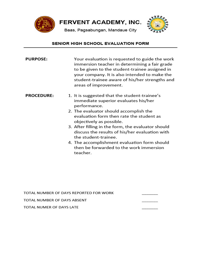 Work Immersion Evaluation Form | PDF | Evaluation | Behavior Modification