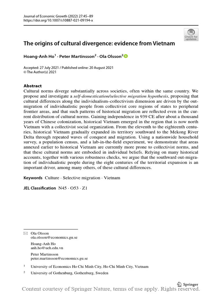 The Origins of Cultural Divergence Evidence From V | PDF ...