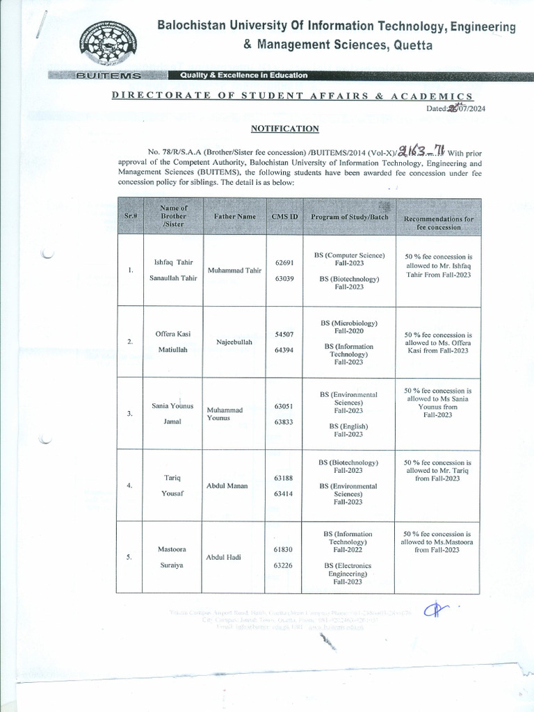 Notification of Siblings Brother Sister Concession 26-07-2024,2163-71 | PDF