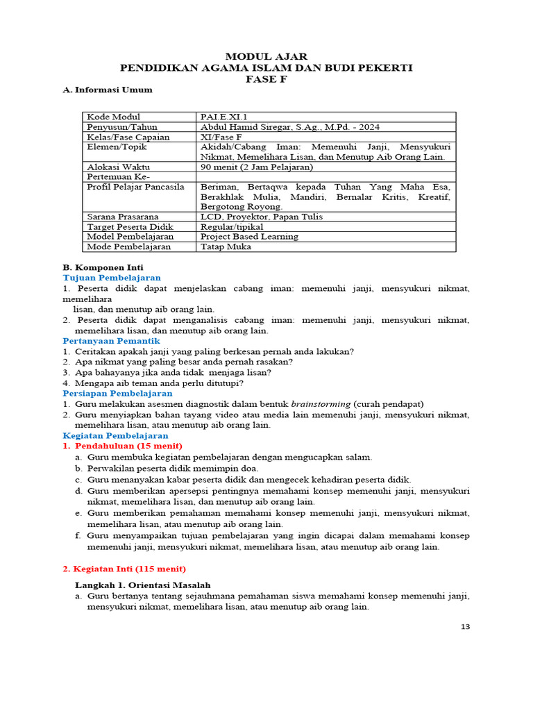 Modul Ajar Pai Sma Kelas Xi Bab 2 - Memenuhi Janji... | PDF