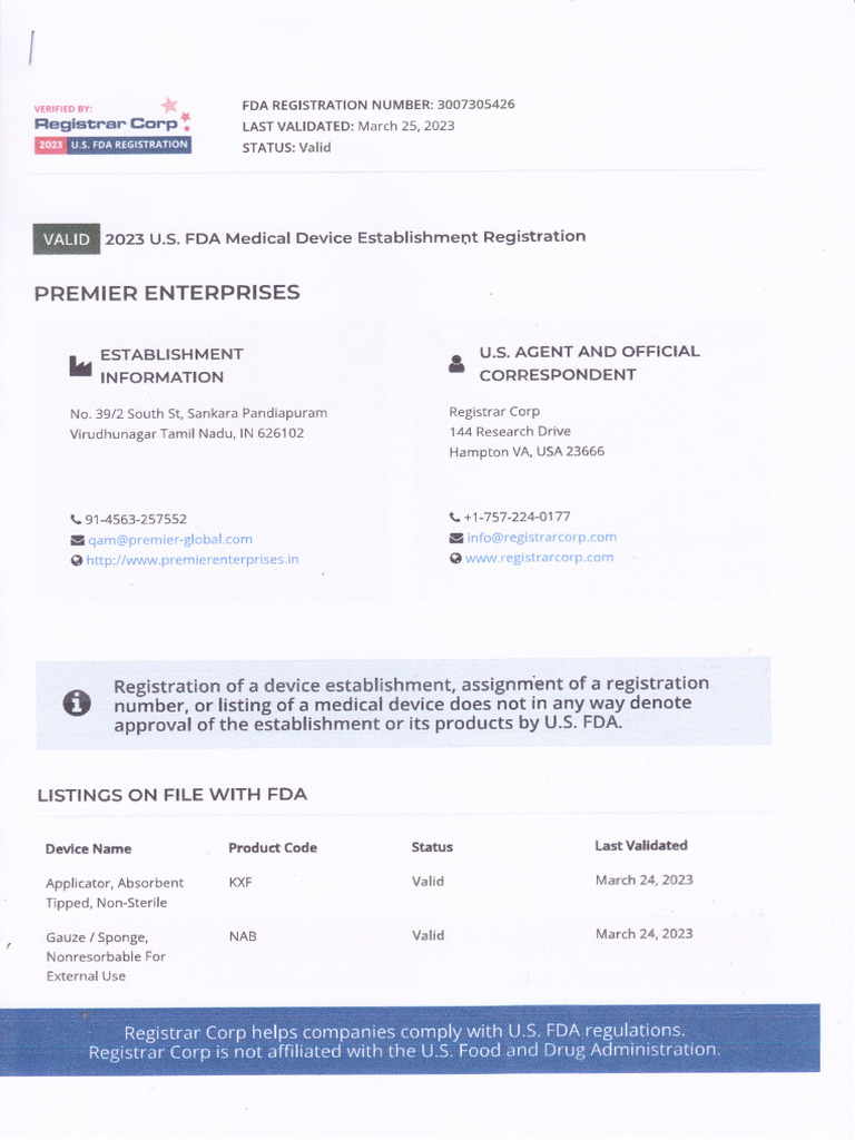 FDA Registration Details for Medical Devices | PDF