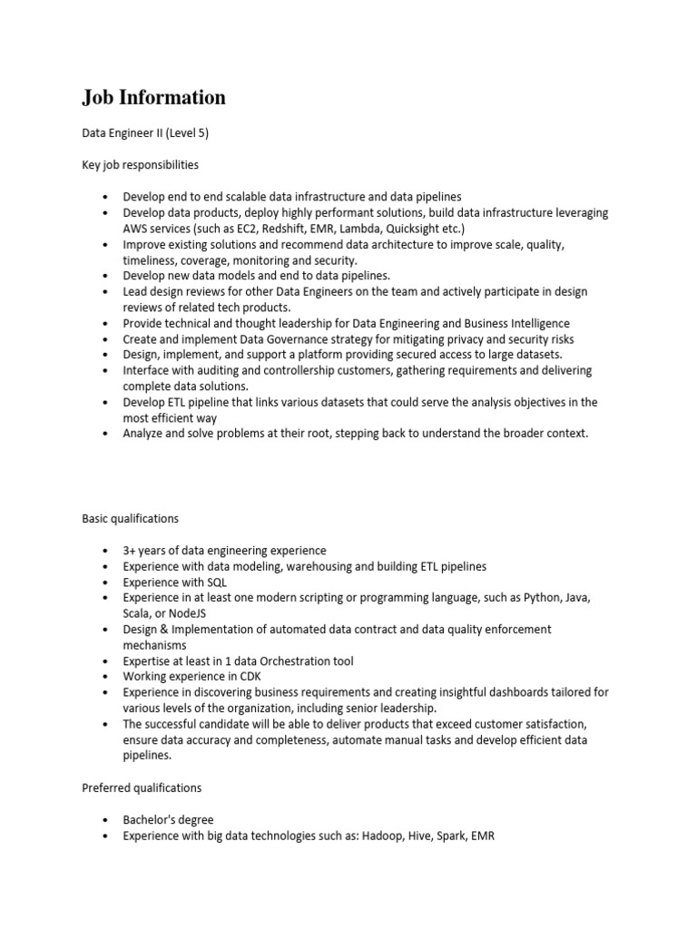 Job Information - Data Engineer | PDF | Data | Engineering
