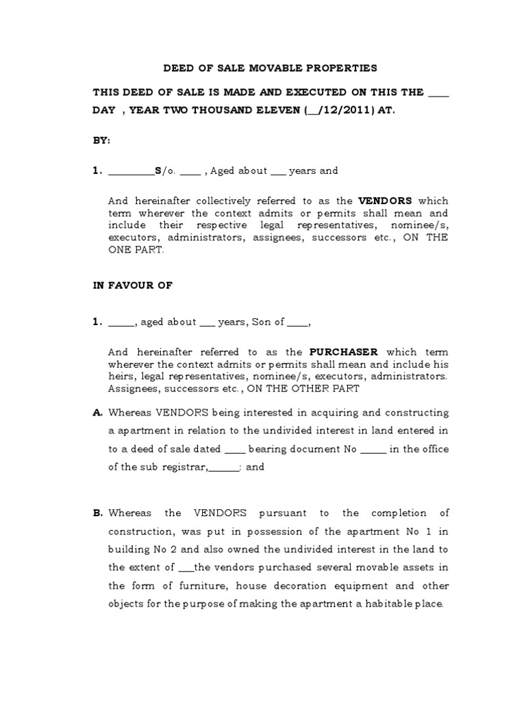 Deed of Sale Movable Properties | PDF | Deed | Rupee