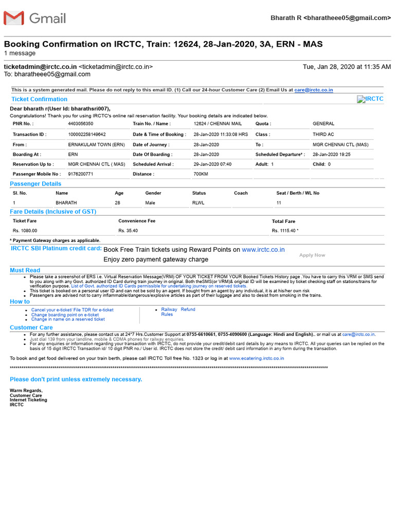 Gmail - Booking Confirmation On IRCTC, Train - 12624, 28-Jan-2020, 3A ...