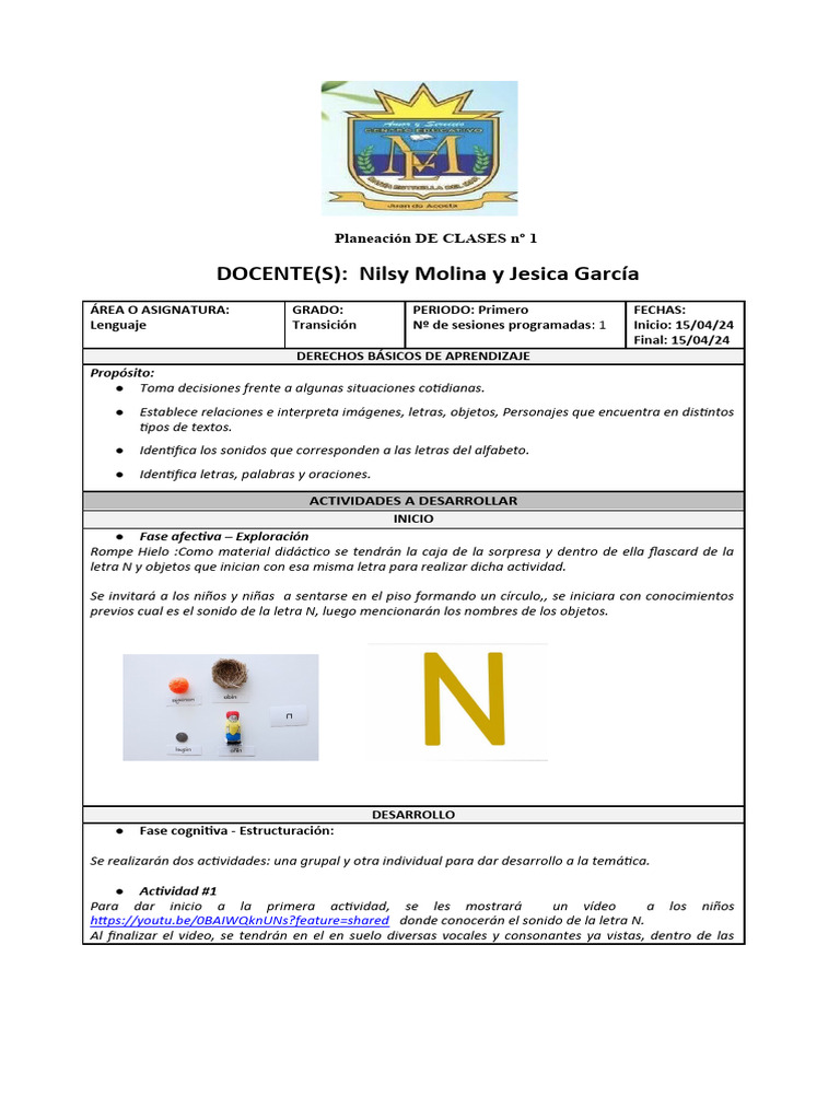 Planeación de Lenguaje (Letra N) - 3 | PDF | Aprendizaje | Ciencia cognitiva