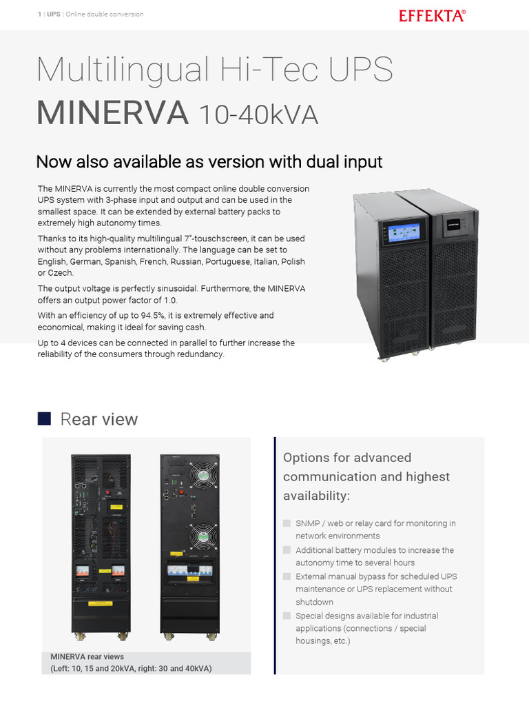 Effecta-Kstar Minerva - 10-40 kVA - Prospect - EN | PDF | Electrical Engineering | Electronics