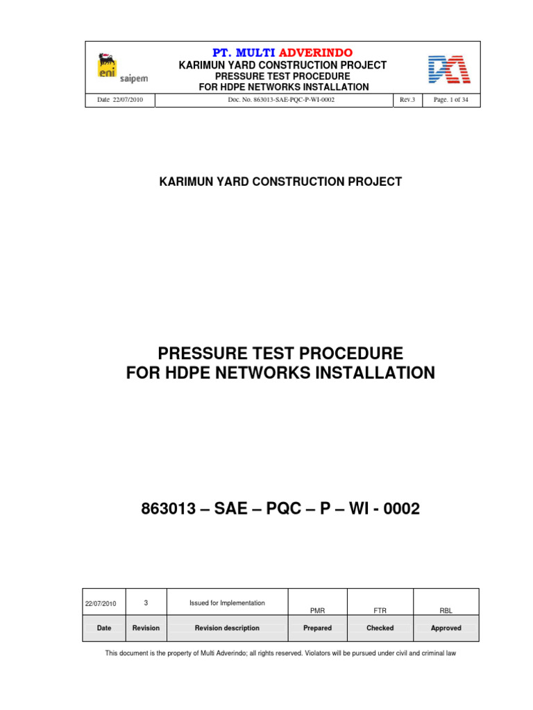 863013-SAE-PQC-P-WI-0002-Pressure Test Procedure For HDPE Networks ...