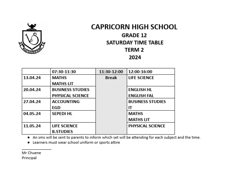 Term 2 Saturday Time Table | PDF
