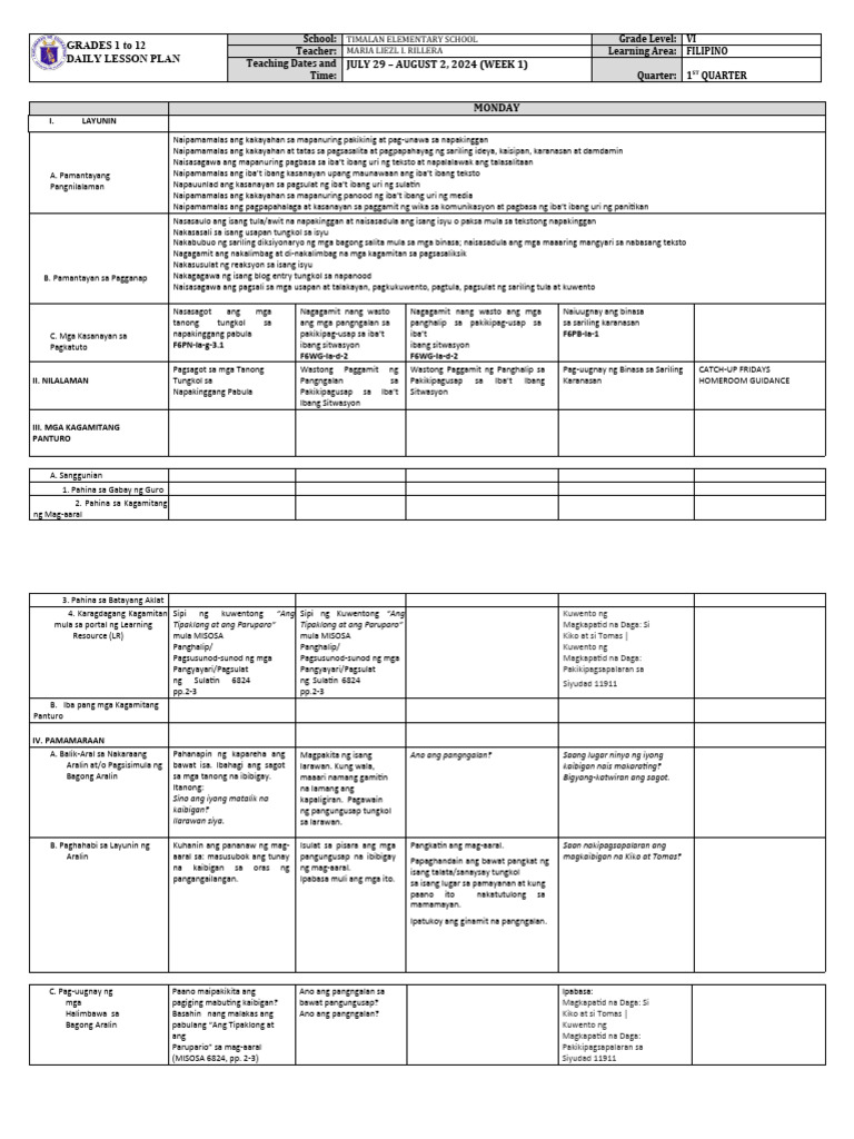 DLL Filipino 6 q1 w1 | PDF