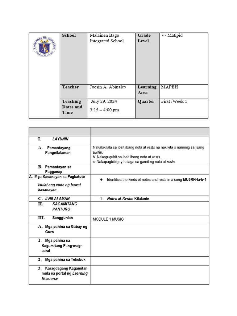 J Mapeh DLP Q1 W1 | PDF