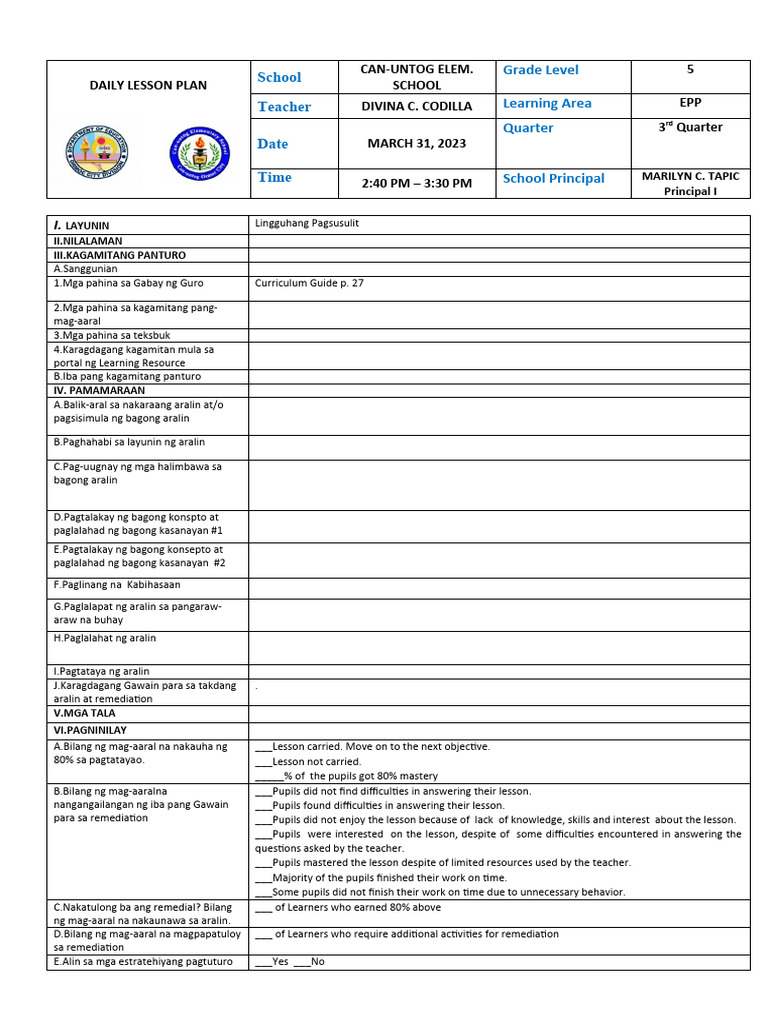 School Grade Level Teacher Learning Area Date Quarter School Principal | PDF | Learning ...