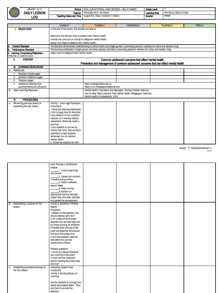 P.E and Health WEEK2 | PDF | Learning | Teachers